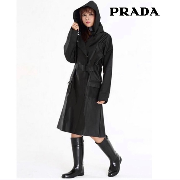 Prada | Jackets & Coats | Prada Raincoat Silk Hooded Belted Black ...